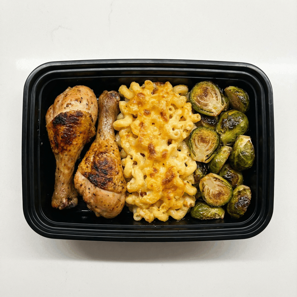 Brown Butter Chicken Legs w/ baked mac & Brussels - Tastes of Bri